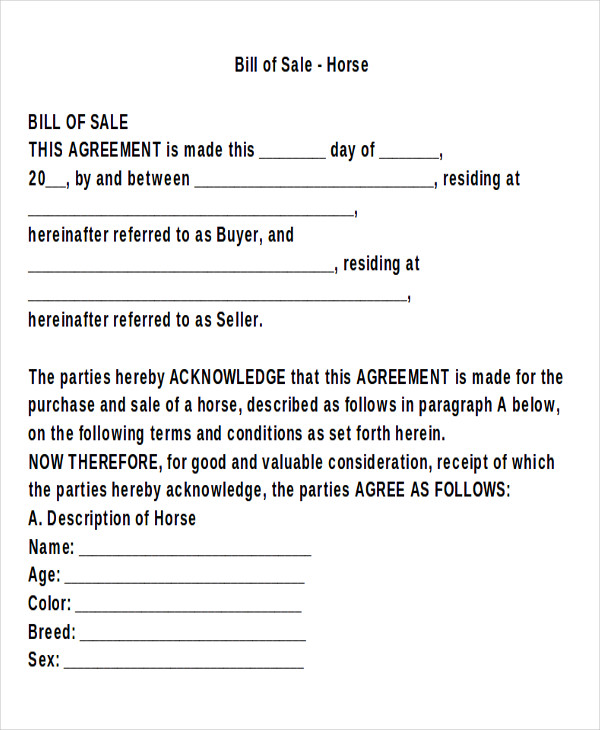 Printable Horse Bill Of Sale Template