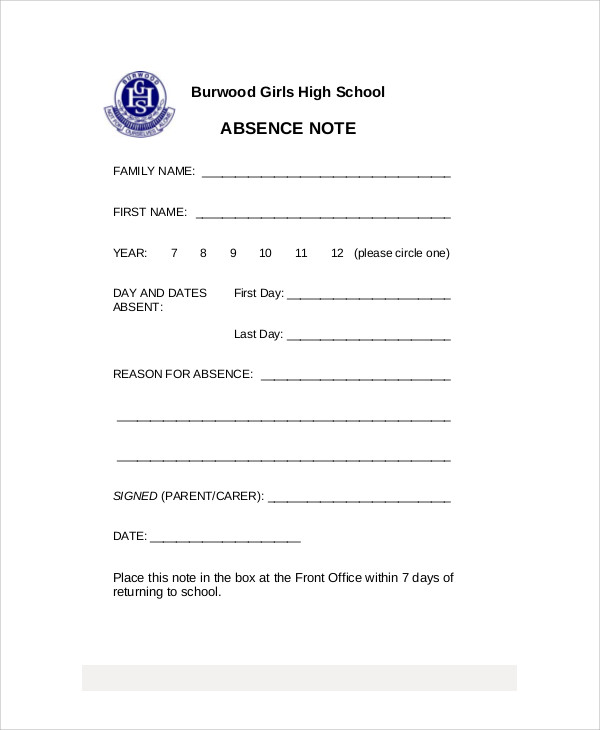 FREE 11 Absence Note Samples In MS Word PDF