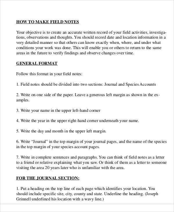 Observation Field Notes Template PDF Template