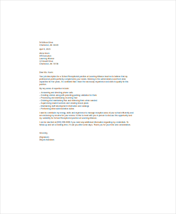 FREE 28 Cover Letter Receptionist In MS Word PDF