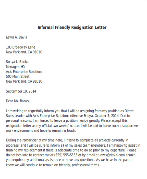 Letter Of Resignation Template Casual Sample Resignation Letter