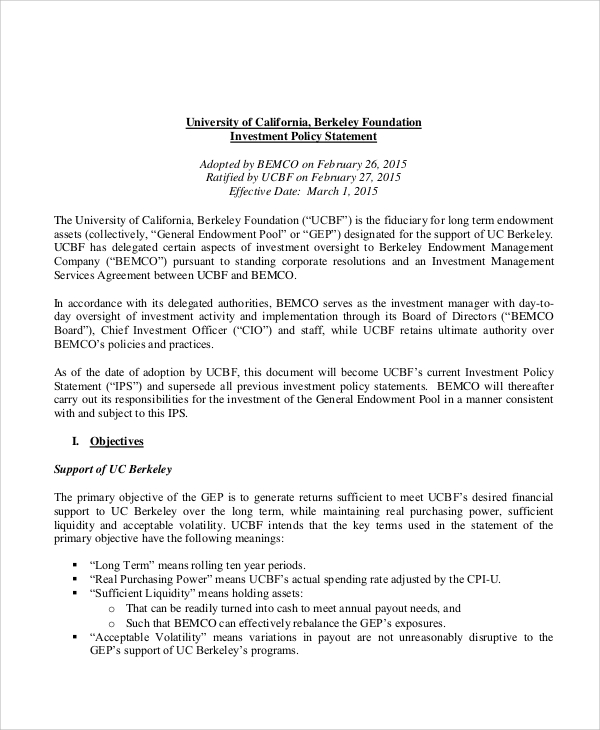 Investment Policy Statement Template TUTORE ORG Master Of Documents
