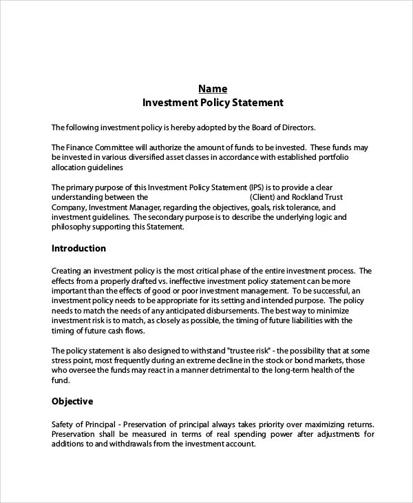 FREE 10 Sample Investment Policy Statement Templates In MS Word PDF