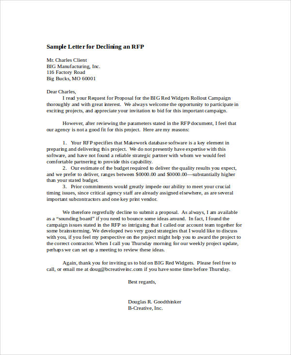 Rfp Rejection Letter Sample The Document Template