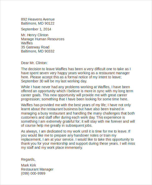 FREE 11 Sample Manager Resignation Letter Templates In PDF MS Word
