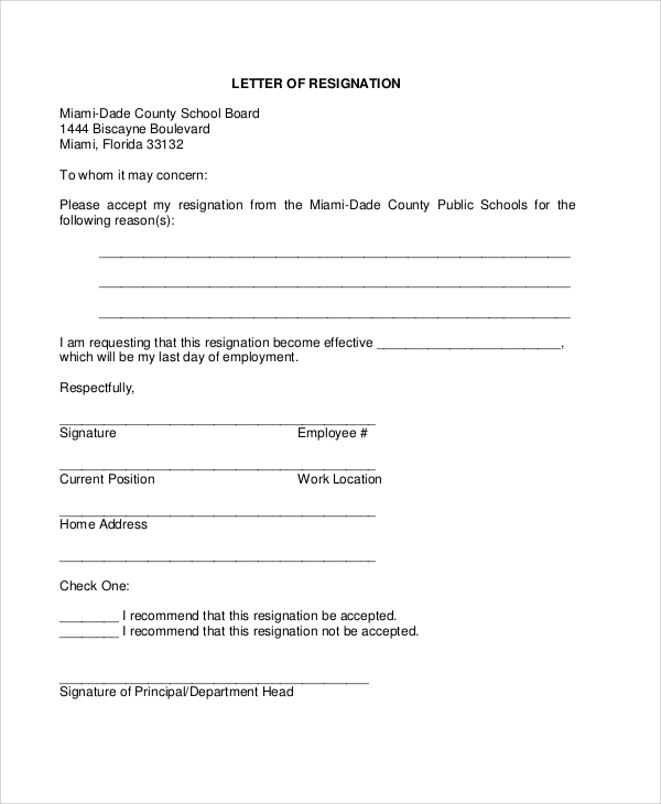 Sample Letter Of Resignation From School
