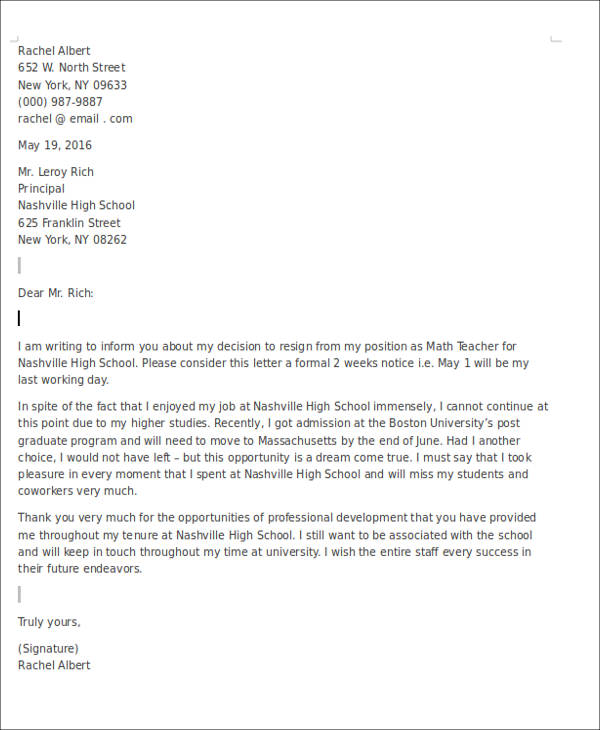 FREE 3 Sample Teaching Resignation Letter Templates In PDF MS Word