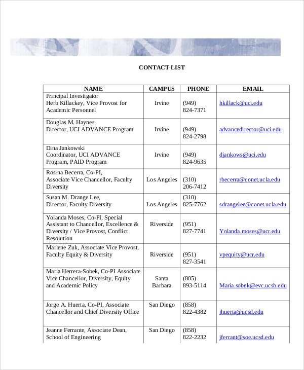 FREE 8 Contact List Samples In MS Word PDF