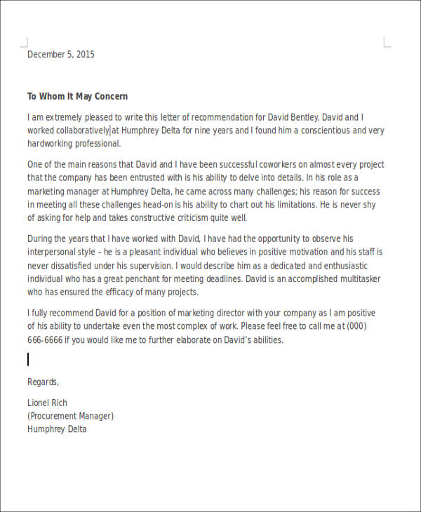 Sample Letter Of Recommendation For Graduate School From Coworker
