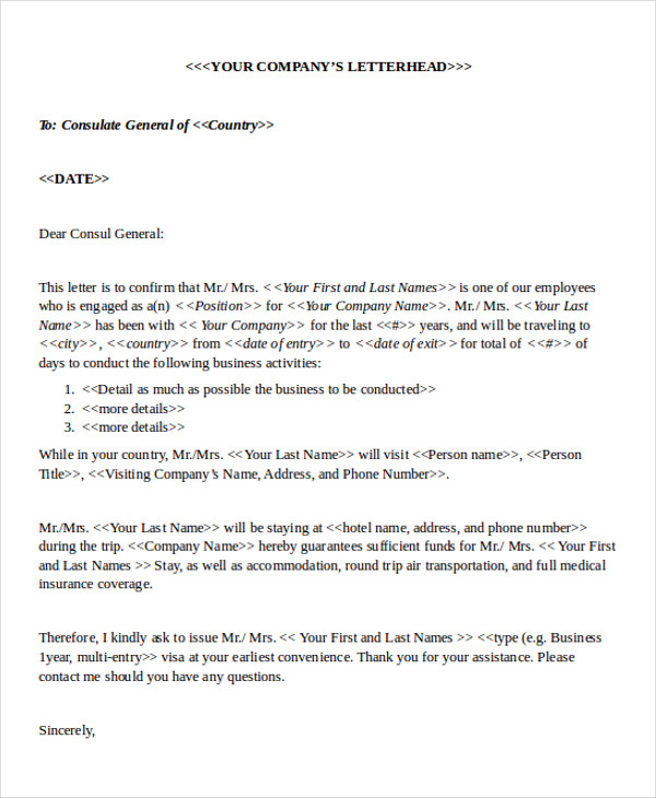 Sample Letter From Employer For Visa Application Letter Of Employment