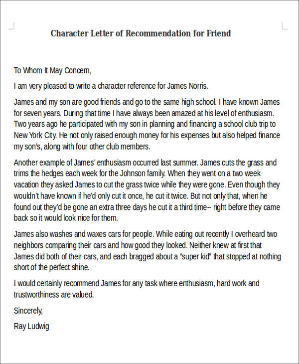 FREE 9 Character Letter Of Recommendation In MS Word PDF