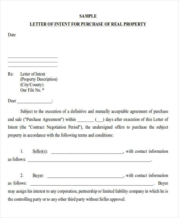 Letter Of Intent Real Estate Letter Of Intent For Purchase Of Real 