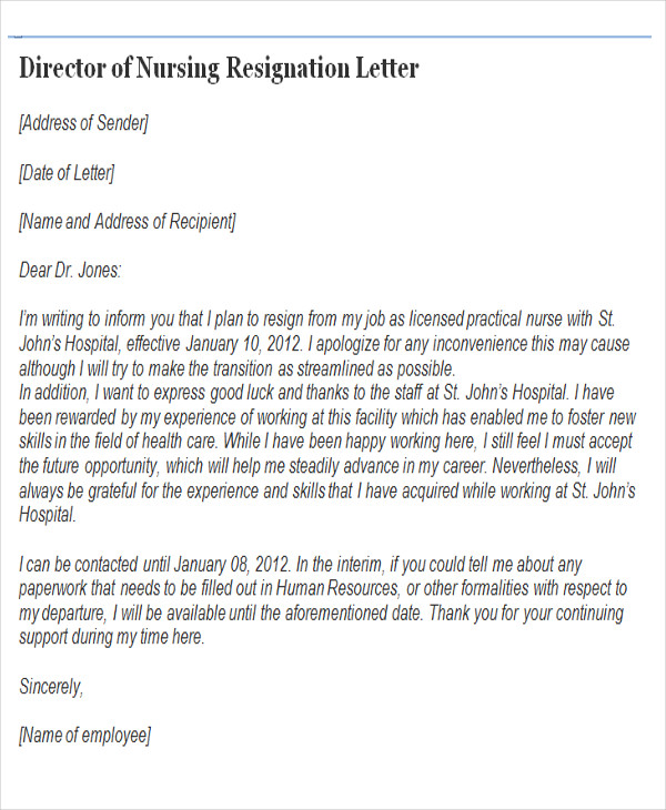 Letter Of Resignation Sample For Nurses Database Letter Template