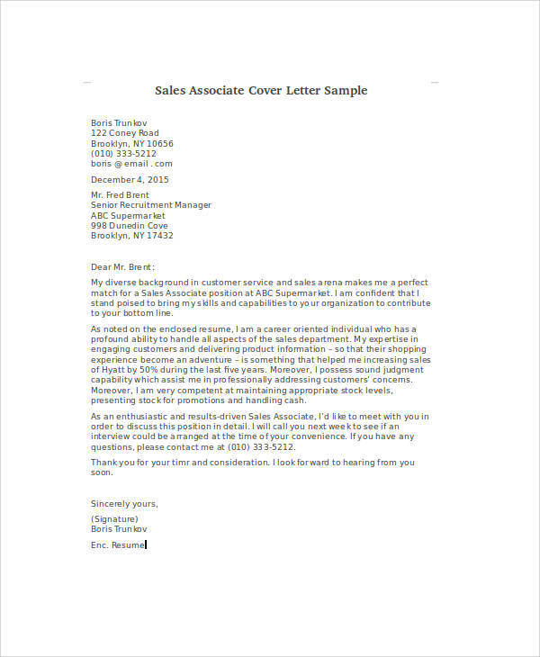 FREE 8 Cover Letter For Sales Associate In MS Word PDF