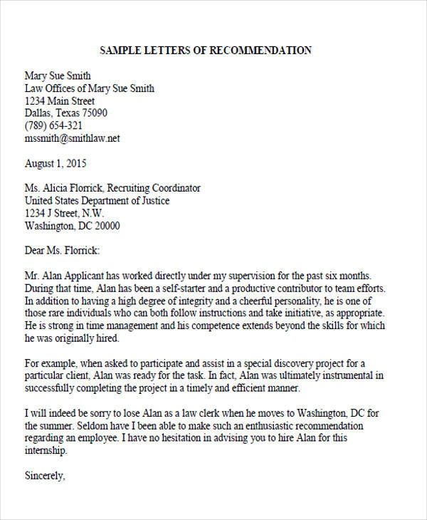 Sample Letter Of Recommendation For Law Riset