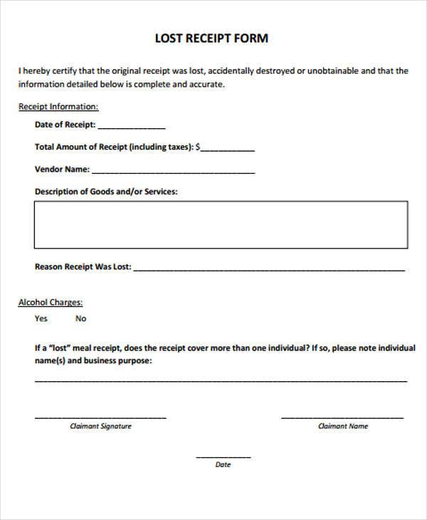 Printable Lost Receipt Form Printable Forms Free Online