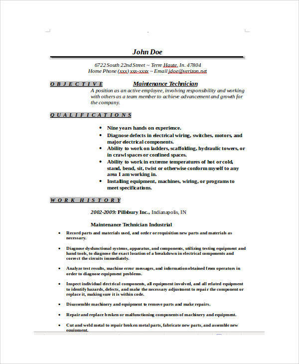 FREE 9 Sample Maintenance Technician Resume Templates In MS Word PDF