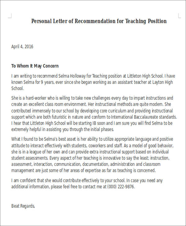 FREE 5 Sample Letter Of Recommendation For Teaching Position In MS Word PDF