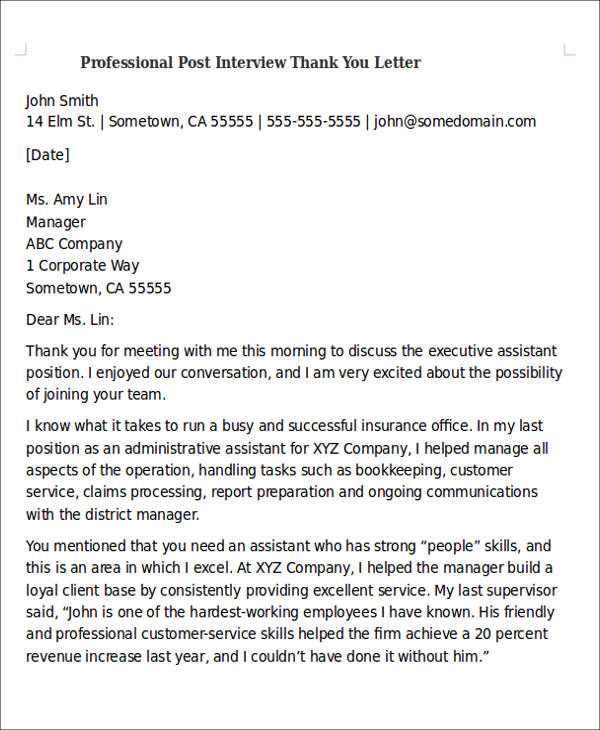 FREE 6 Sample Post Interview Thank You Letter Templates In MS Word PDF