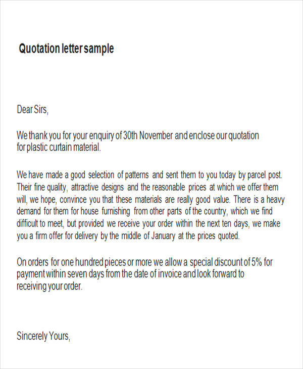 Price Quotation Letter Sample Format