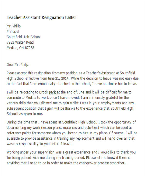 Letter Of Resignation Uk Teaching Assistant Sample Resignation Letter