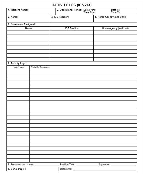 Activity Log Sheet Template