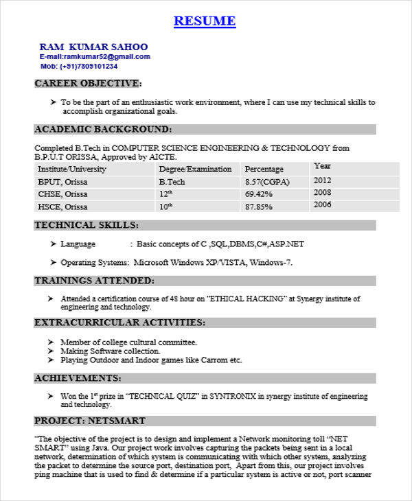FREE 59 Fresher Resume Examples In PSD MS Word