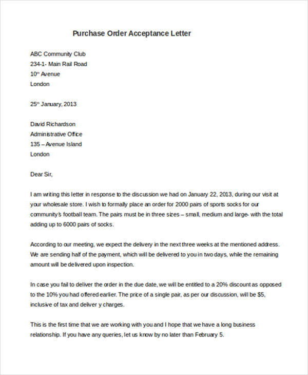 Purchase Order Letter Sample