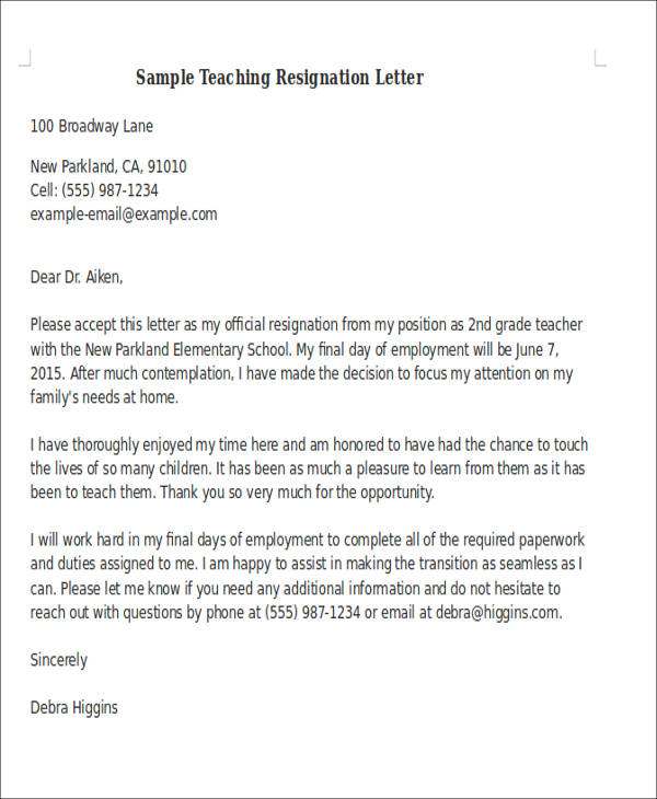 FREE 4 Sample Teaching Resignation Letter Templates In MS Word