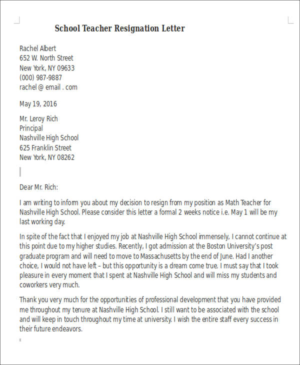 FREE 4 Sample Teaching Resignation Letter Templates In MS Word