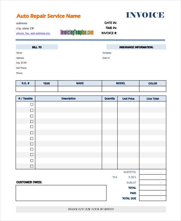 Automotive Invoice Excel Template Excel Templates