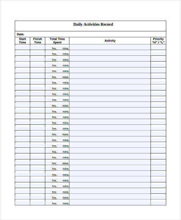 Daily Activity Log Template Printable