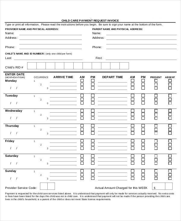 FREE 8 Daycare Invoice Templates In MS Word PDF