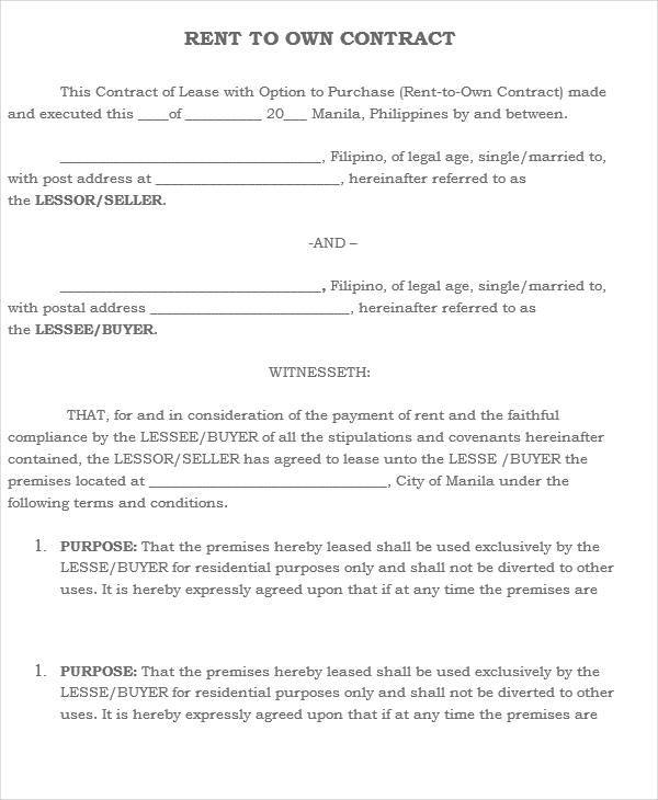 FREE 5 Rent to Own House Contract Samples Templates In PDF Google Docs MS Word