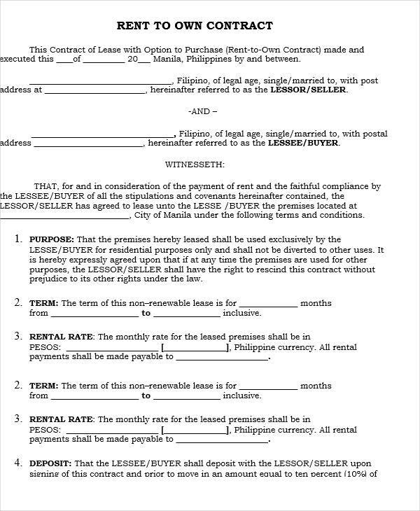 FREE 9 Rent to Own Contract Samples Templates In PDF Google Docs 