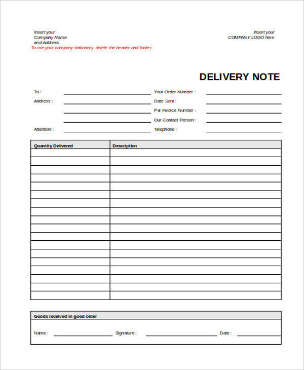 Free Delivery Note Template Uk