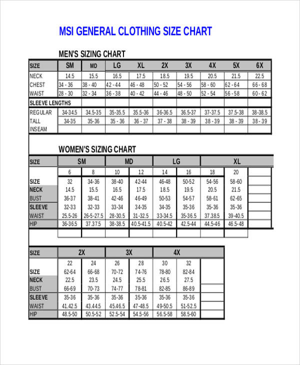 FREE 11 Size Charts In PDF MS Word Excel
