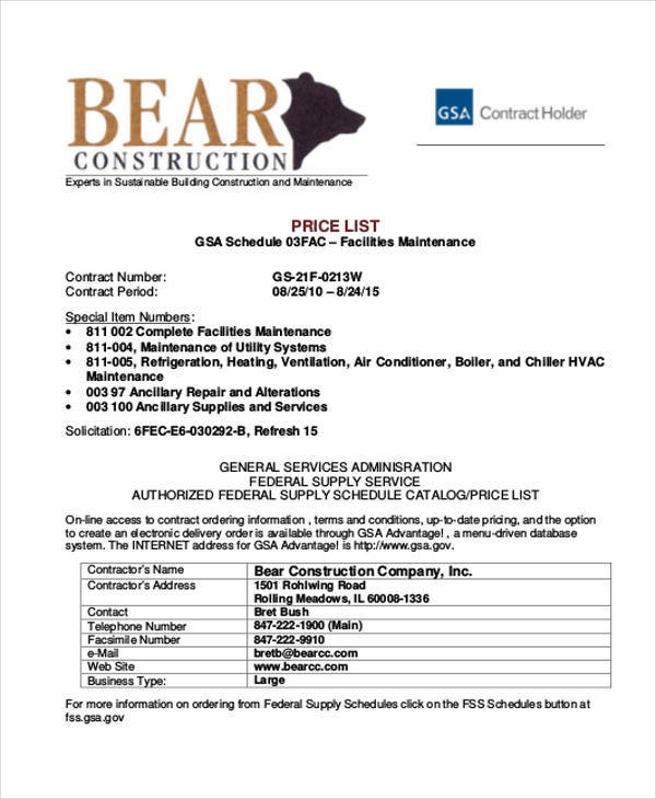 Construction Price List Template