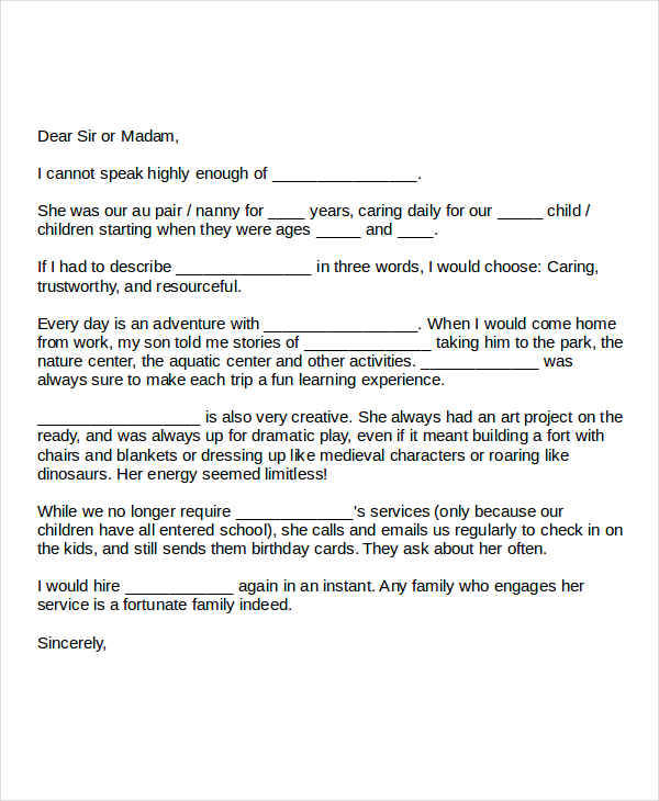 FREE 6 Sample Nanny Reference Letter Templates In PDF MS Word 