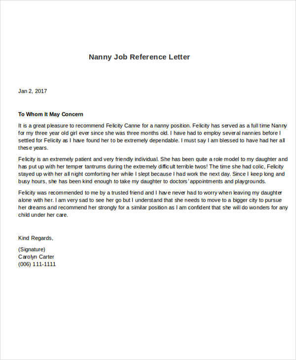 FREE 6 Sample Nanny Reference Letter Templates In PDF MS Word 