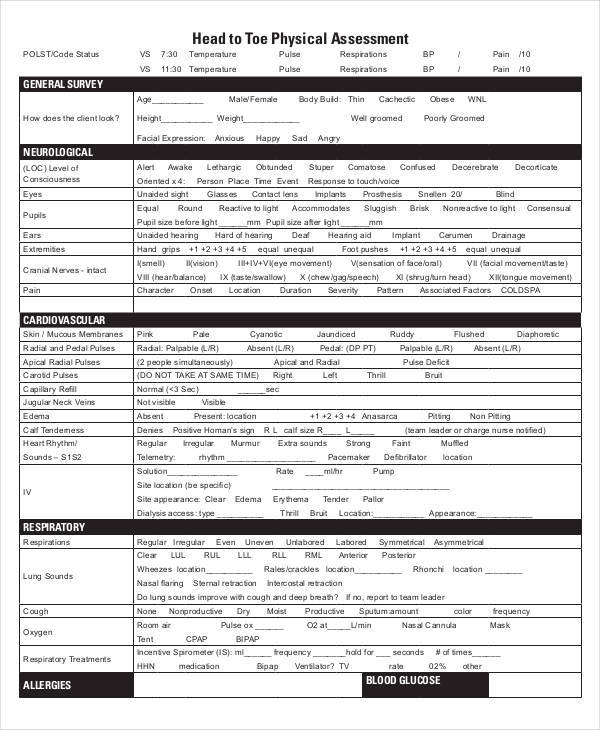 Head To Toe Printable Nursing Assessment Form Template Printable Templates