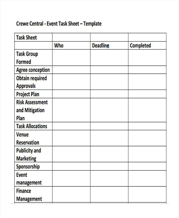 FREE 15 Task Sheet Samples Templates In PDF MS Word