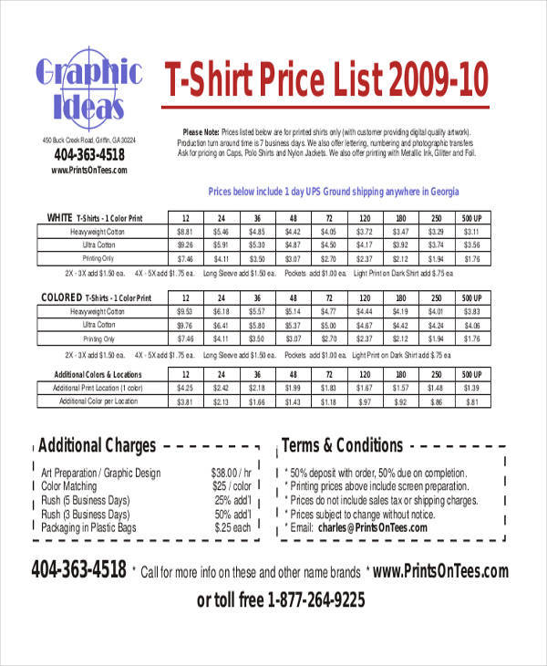 Custom T shirt Price List Template Custom T shirt Price List Template