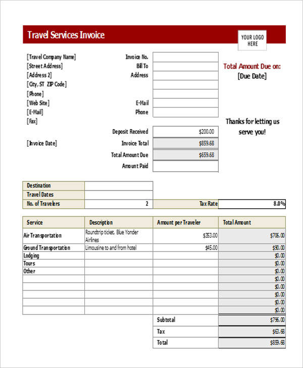 FREE 11 Sample Travel Invoice Templates In PDF MS Word