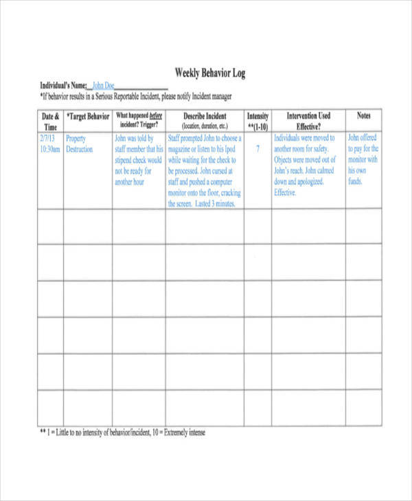 Behavior Log Template Hq Printable Documents Gambaran