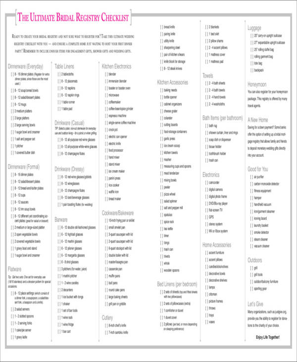 Wedding Registry Checklist Printable Wedding Registry Checklist Printable