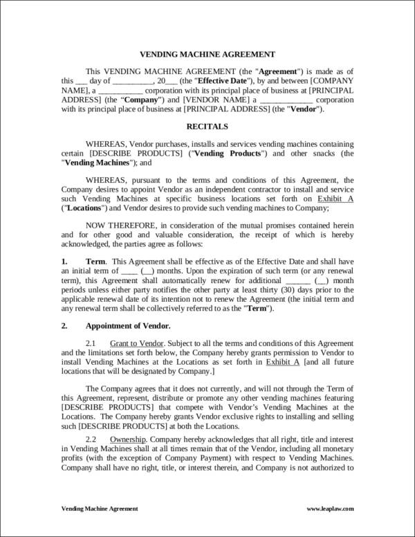 Vending Machine Agreement Template