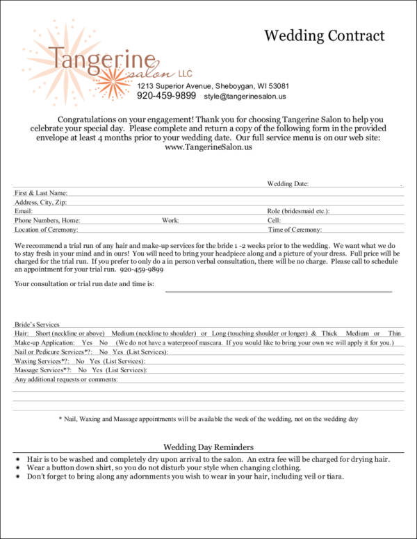Paper Party Supplies Makeup Hair Bridal Agreement Contract Template 