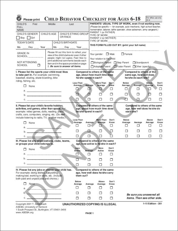 Behavior Checklist Template Hq Printable Documents Vrogue