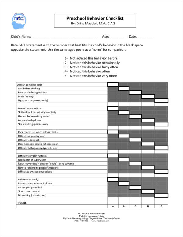 FREE 17 Behavior Checklist Samples Templates In PDF MS Word